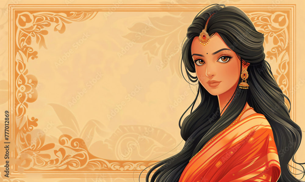 Indian bride girl wearing traditional dress against floral background ...