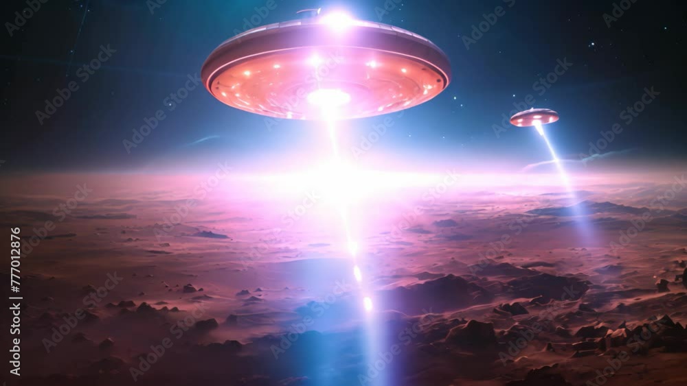 A spaceship soars through the vastness of space over a vivid red planet ...