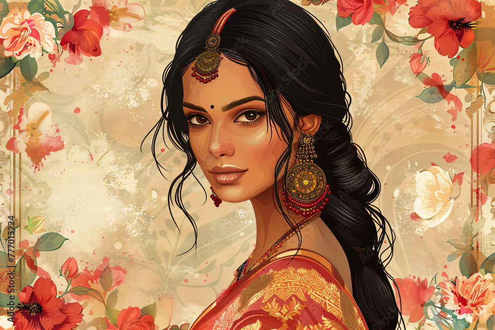 Indian bride girl wearing traditional dress against floral background ...