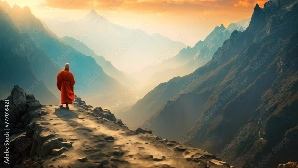 A solitary figure stands on a mountain peak, captivated by the stunning ...