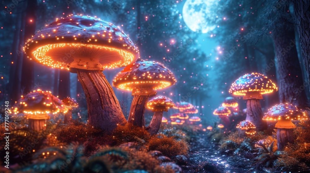 Magic glowing mushrooms fly agarics with red caps In the dark forest ...