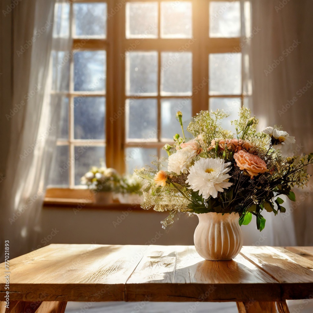 bouquet of flowers.the beauty of an empty light wooden table against a ...