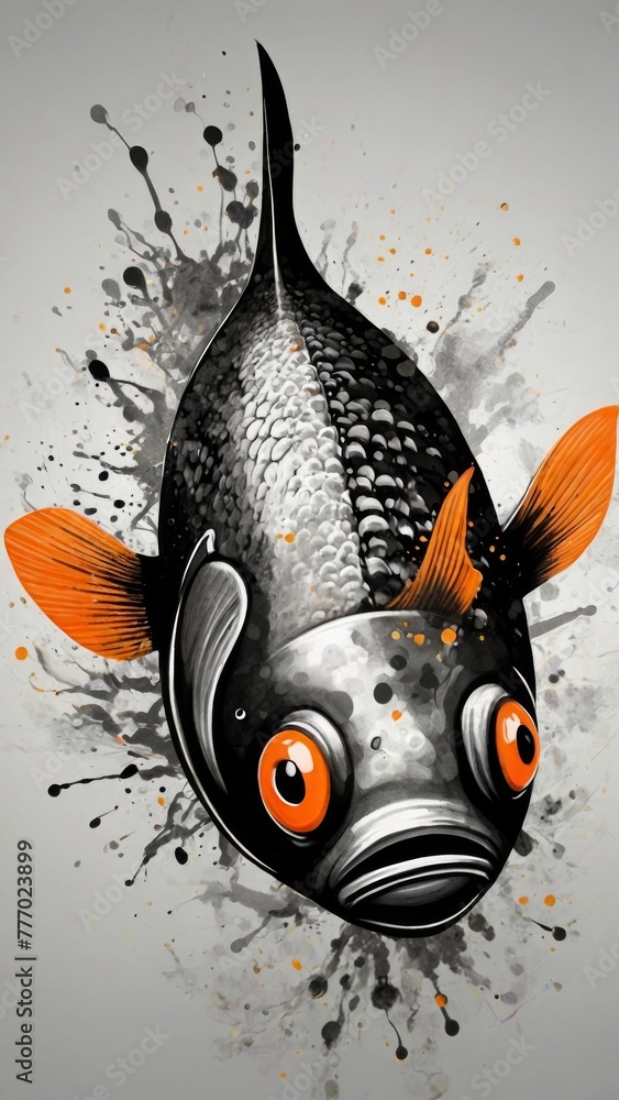 Imagine a single "K" fish depicted in calligraphy style, accentuated ...
