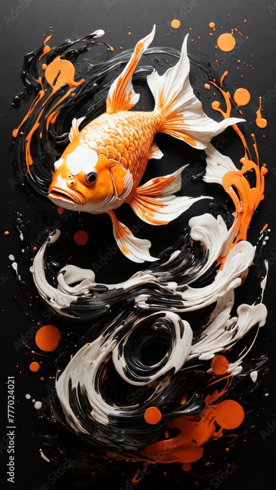 Imagine a single "K" fish depicted in calligraphy style, accentuated ...