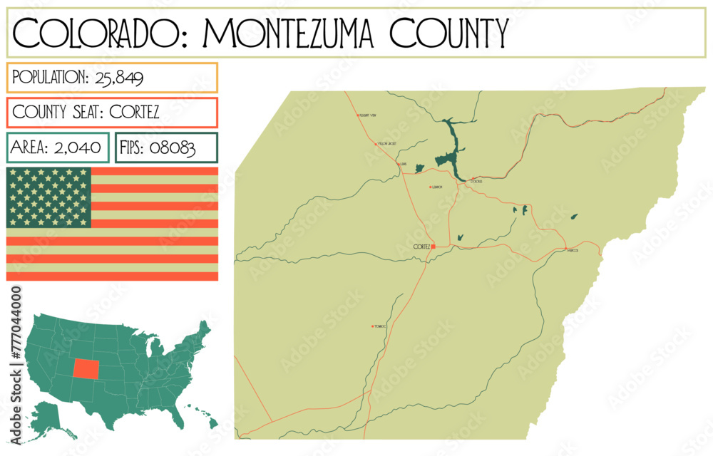 Poster Large and detailed map of Montezuma County in Colorado USA ...