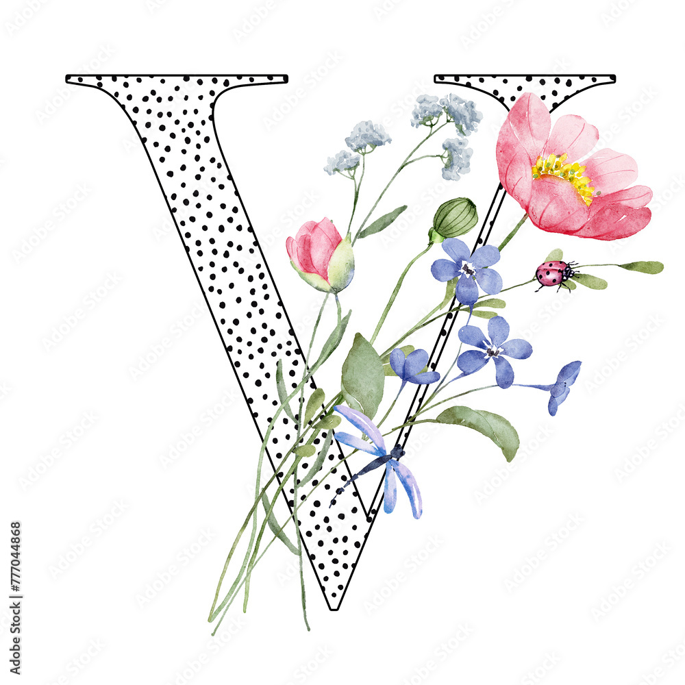 Letter V with watercolor flowers and leaf. Monogram initial, letterhead ...