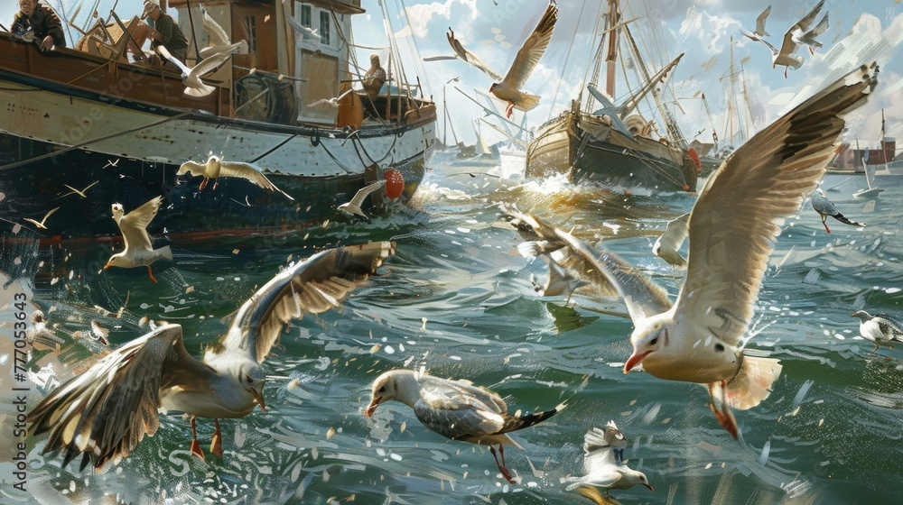 Gulls swoop and dive competing with fishermen for the daily catch as ...
