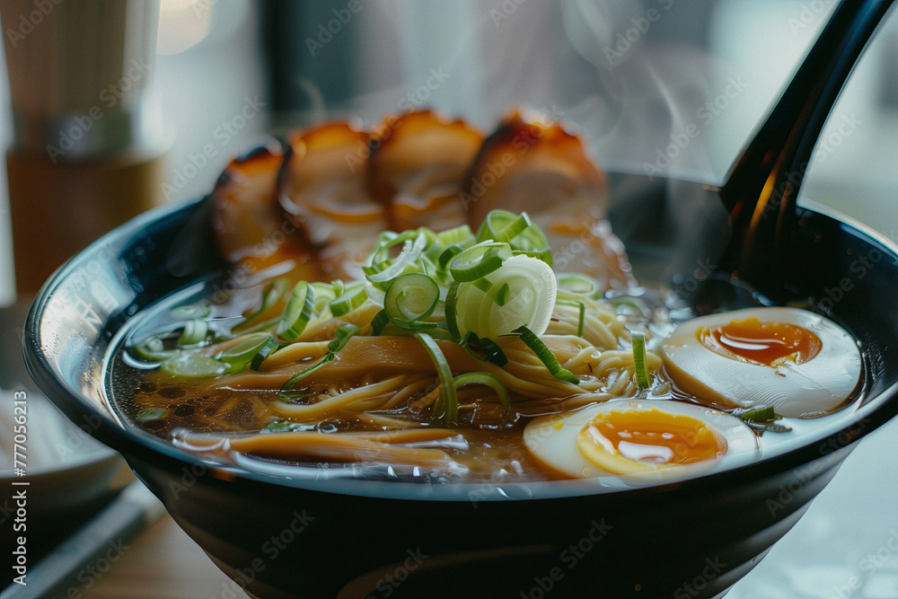 Steaming Bowl of Ramen with Egg and Pork. A steaming bowl of ramen ...