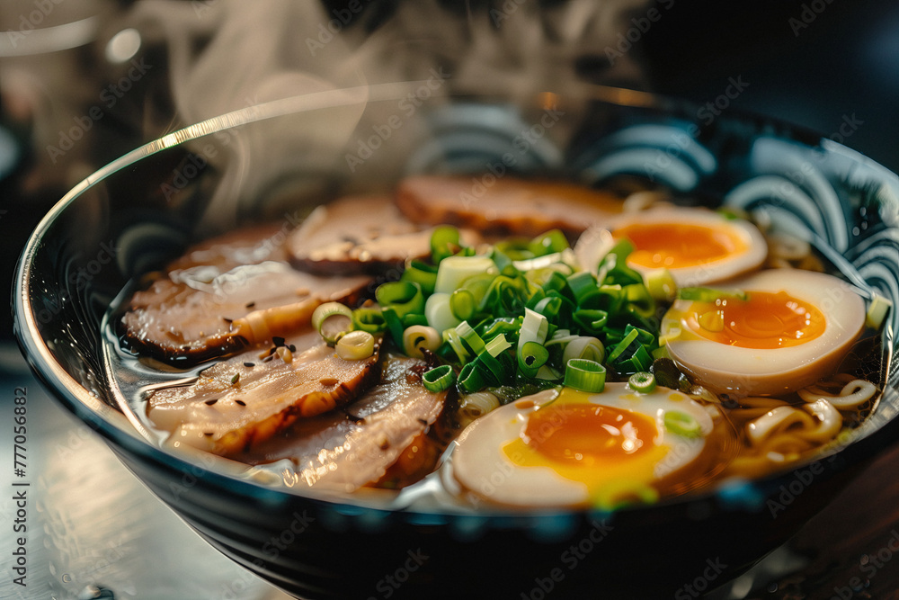 Steaming Bowl of Ramen with Egg and Pork. A steaming bowl of ramen ...