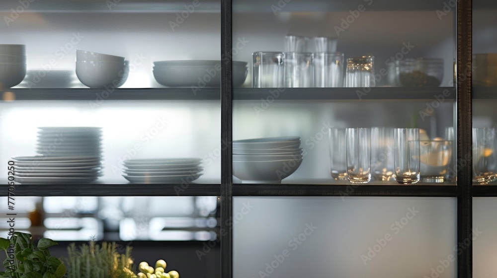 In a minimalist industrial kitchen frosted glass cabinet doors provide ...