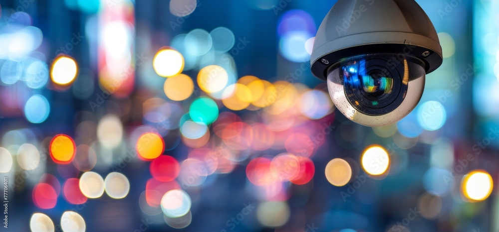 Security camera installed outdoors, monitoring urban area with colorful ...