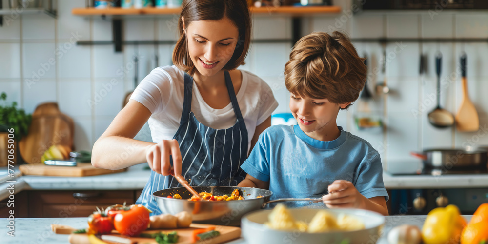 Cute ten years old boy helping his mother to cook food in kitchen. Mom ...