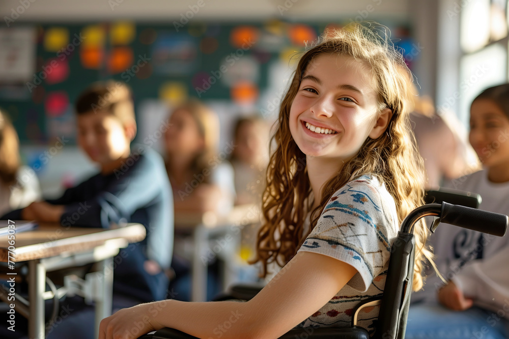 Cheerful teenage girl sitting in a wheelchair in a classroom in school ...