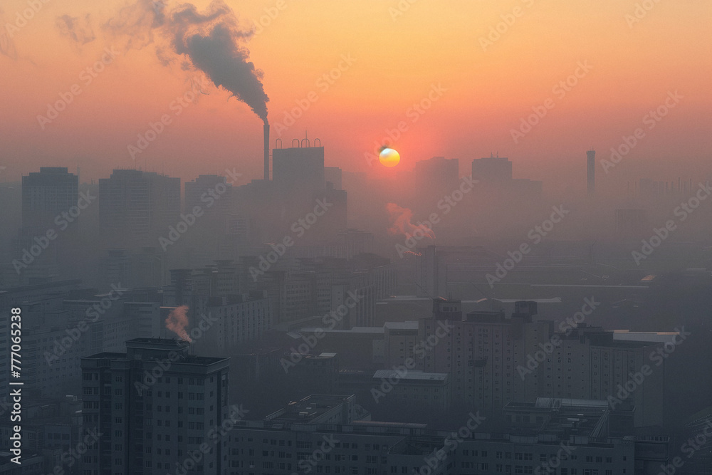 Sunrise over a smoggy city. The smog-filled skyline of an industrial ...
