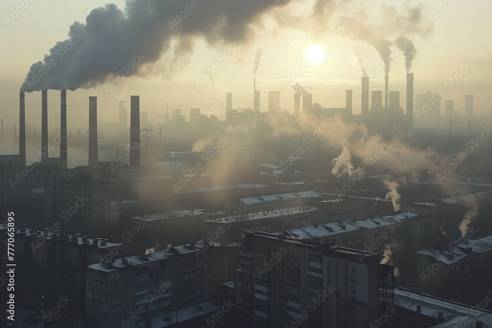 Sunrise over a smoggy city. The smog-filled skyline of an industrial ...