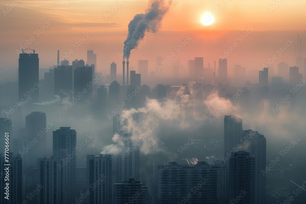 Sunrise over a smoggy city. The smog-filled skyline of an industrial ...