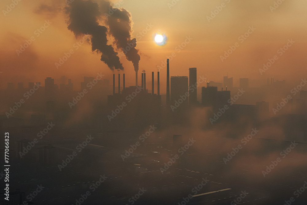 Sunrise over a smoggy city. The smog-filled skyline of an industrial ...
