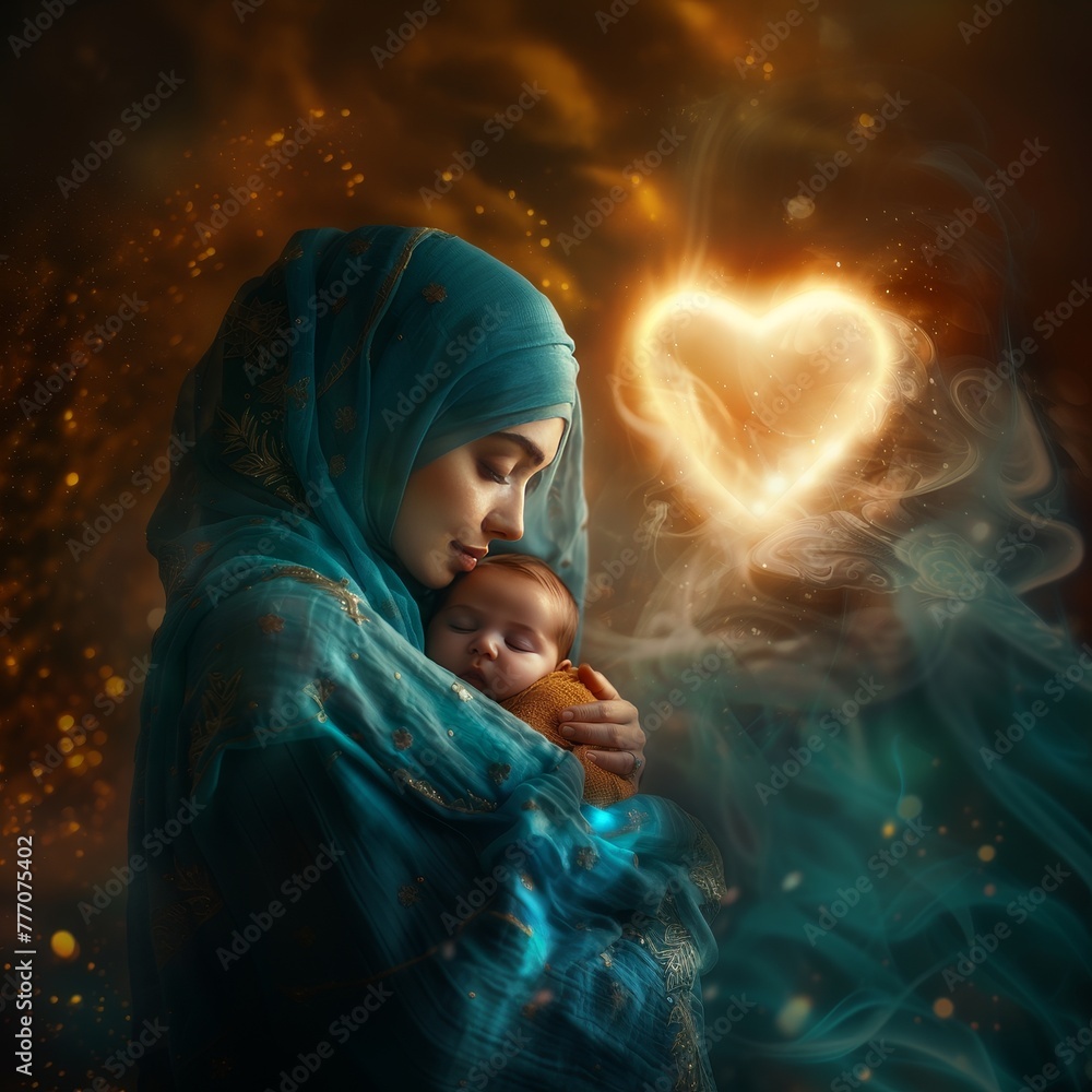 A Muslim woman in hijab is holding a baby in her arms. The baby is ...
