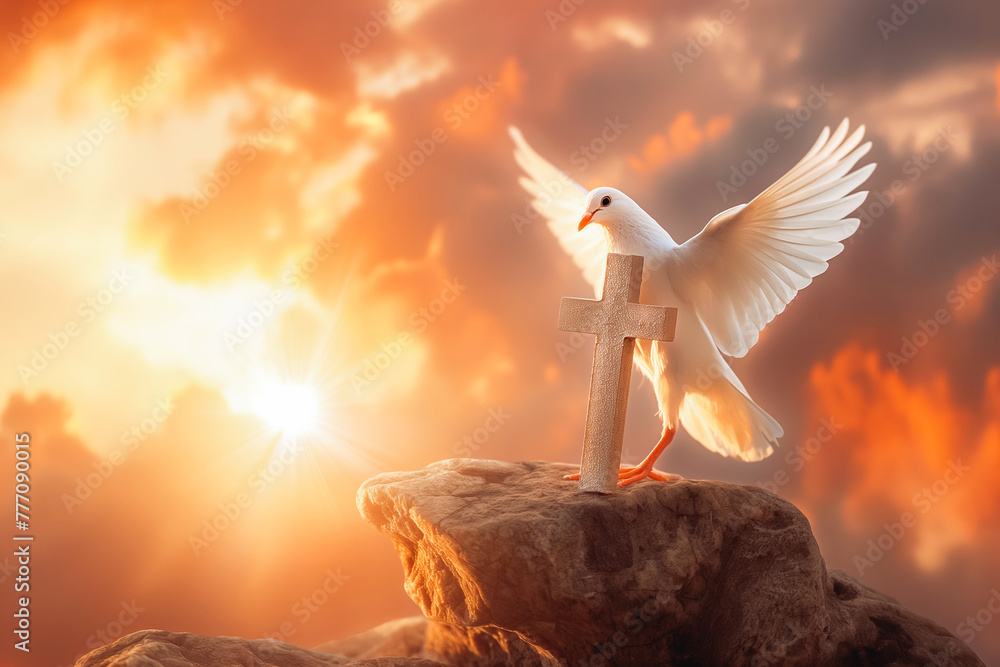 White dove with spread wings standing over the holy cross of Jesus Christ symbolize death and ...