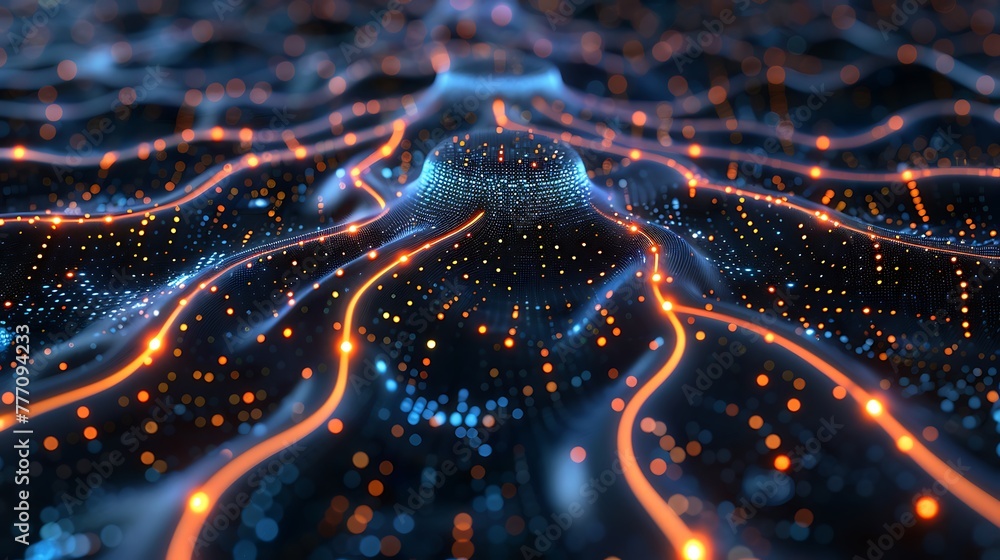 An intricate computer monitor display simulating an AI neural network ...