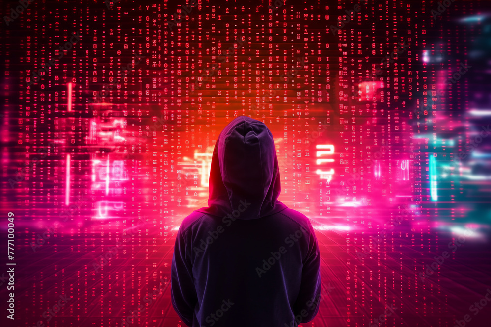 Anonymous Hacker Breaching Cyber Security in a Network Data Heist. He is surrounded by red ...