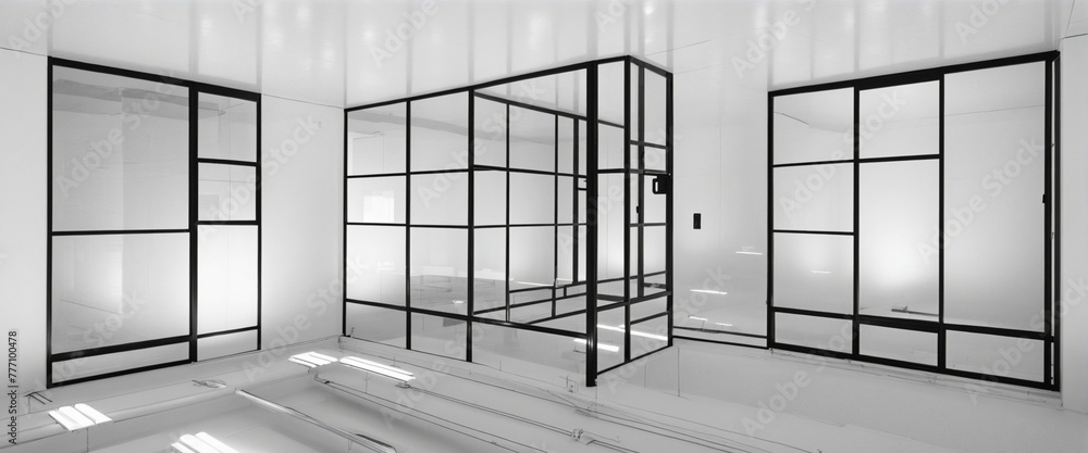 White room. white vacant building floor with black window frames and ...
