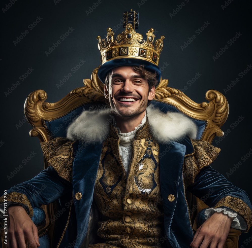 Studio shot of a richly garbed king sitting on a throne holding his ...