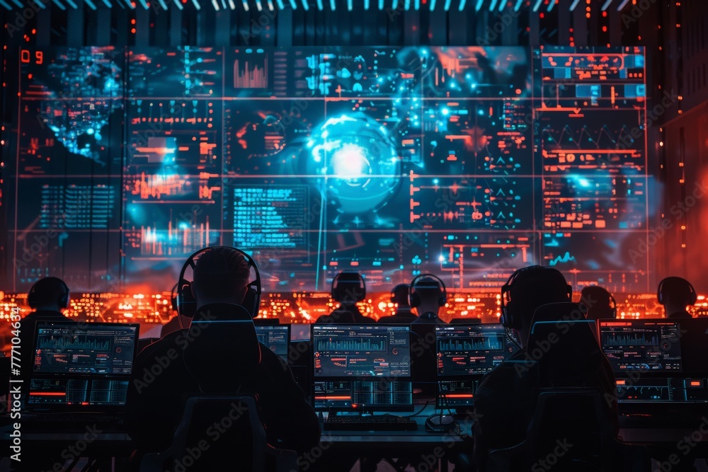 Cybersecurity workers in a moment of triumph, successfully defending a ...