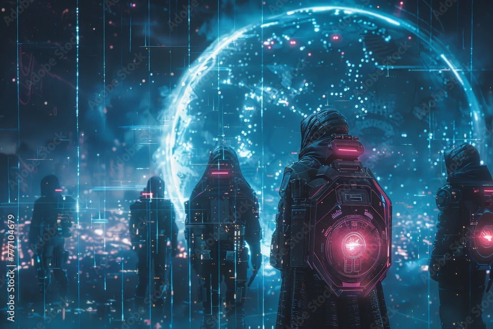 Shadowed personnel in futuristic armor observe a holographic globe ...