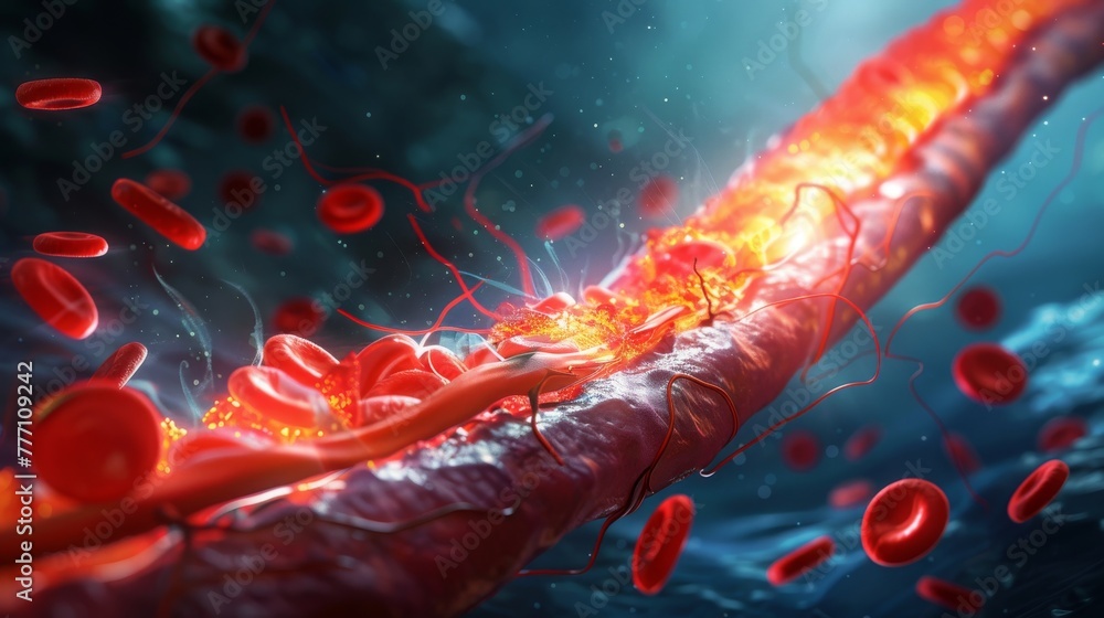 This image vividly illustrates a blocked artery with red blood cells ...