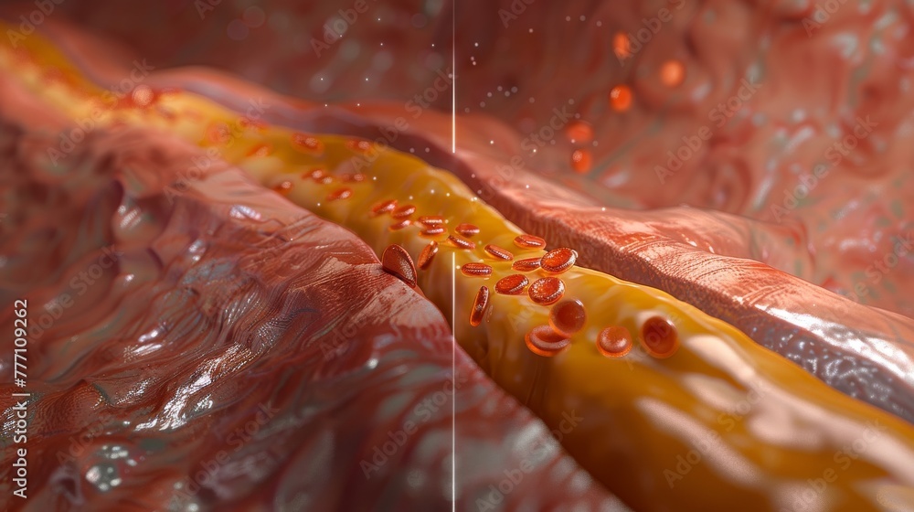 This detailed image simulates the process of cholesterol buildup in a ...