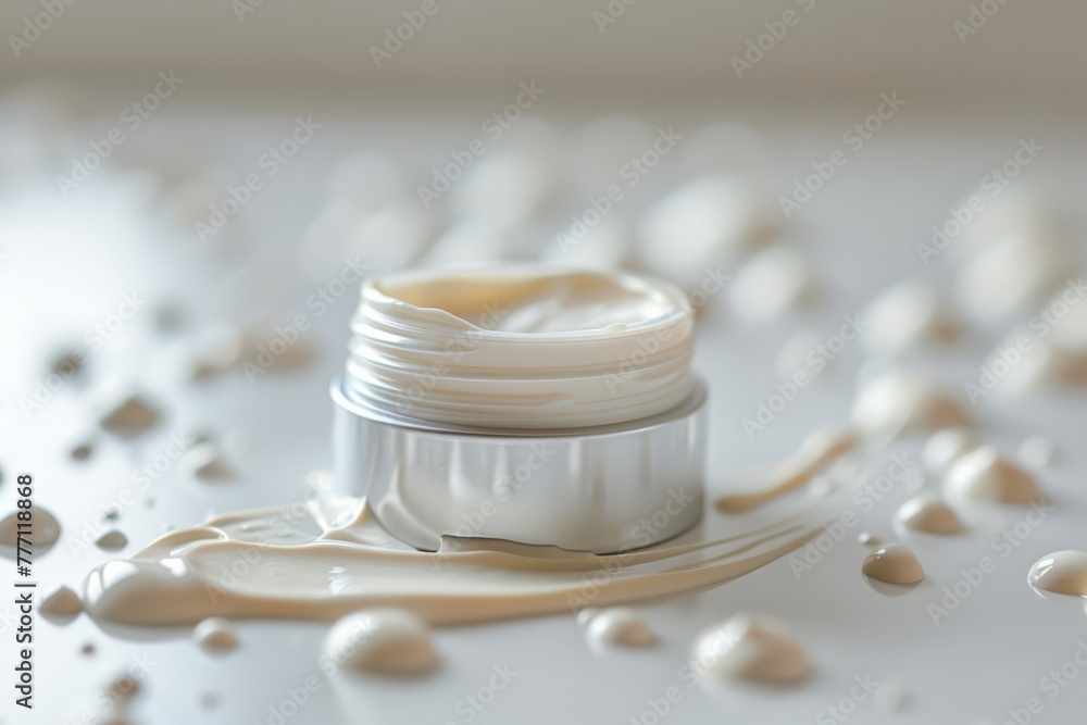 A luxurious cream spills elegantly from an open jar, symbolizing ...