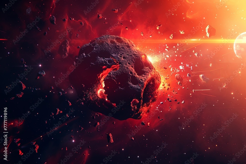 Red asteroid flying in space, broken into pieces and debris around it ...
