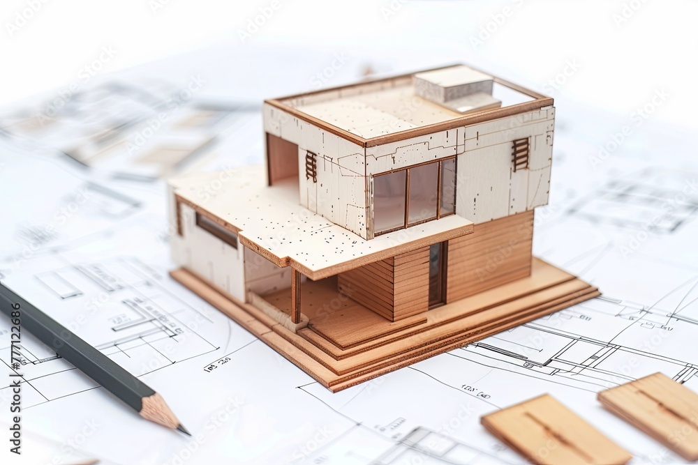 An architectural model of a modern house sits atop design blueprints ...