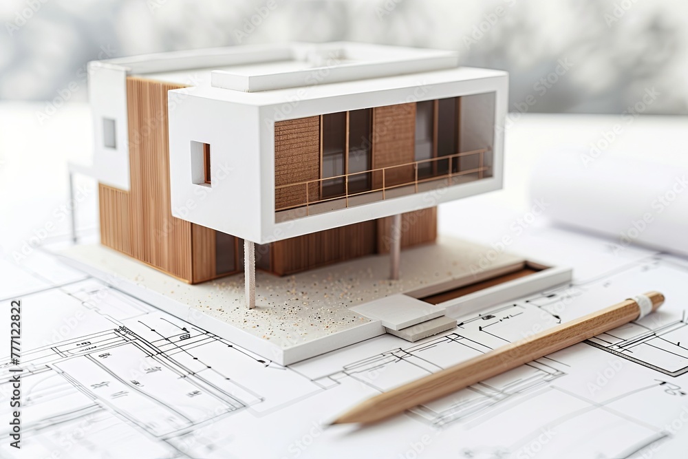 An architectural model of a modern house sits atop design blueprints ...