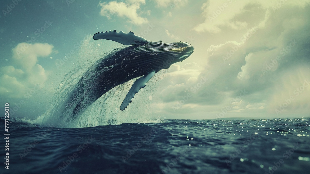 Awe-inspiring ultra 4k, 8k photo of a majestic humpback whale breaching the surface of the ocean ...