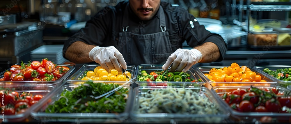 Worker in a halal hotel buffet kitchen wearing gloves prepares salads ...