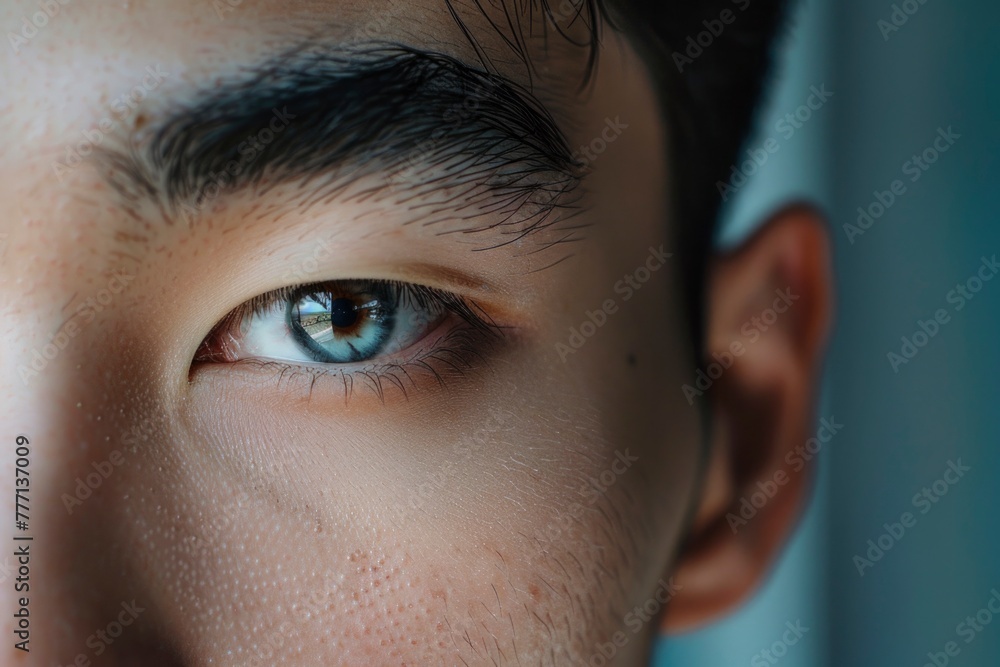 Macro shot of a male eye with blue iris, detailed eyelashes and ...