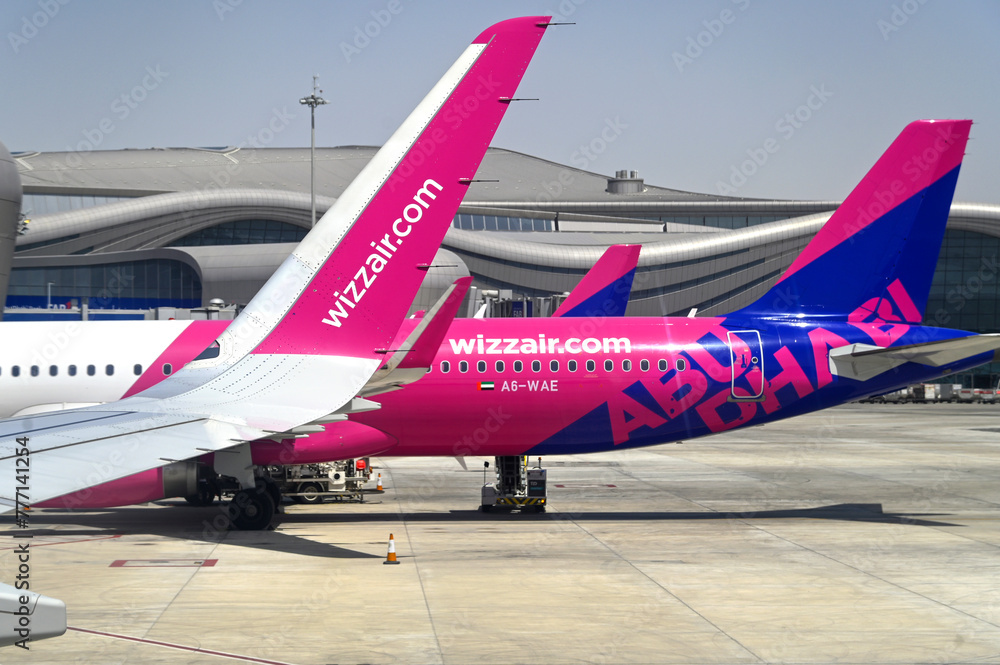 ABU DHABI - MAR 28: Close-up of winglet of Airbus a321 Wizz air airline ...