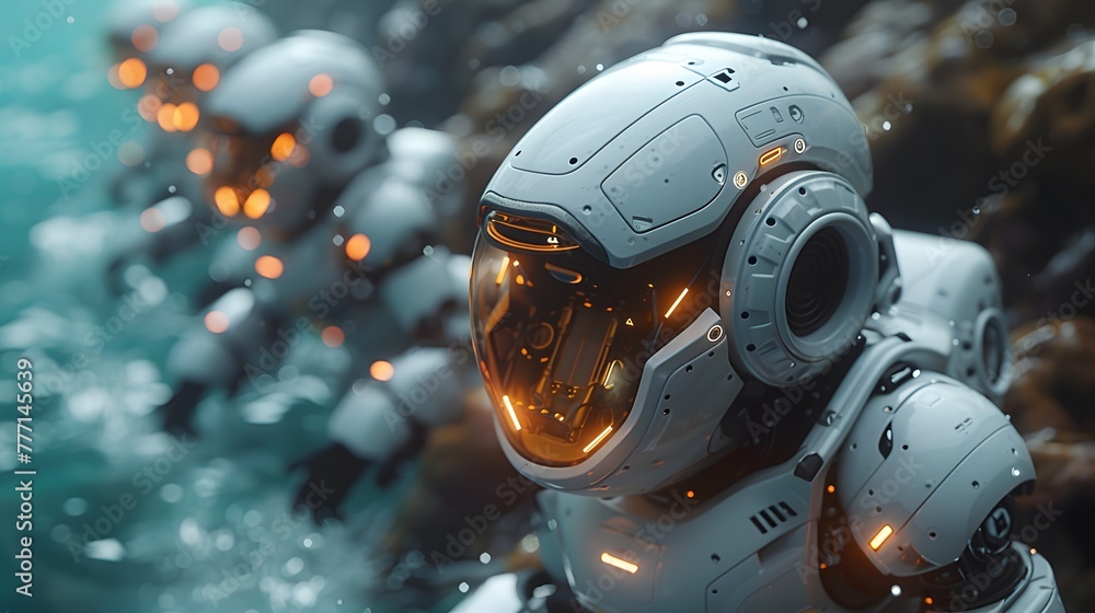 a swarm of underwater robots exploring the depths of the ocean, their ...
