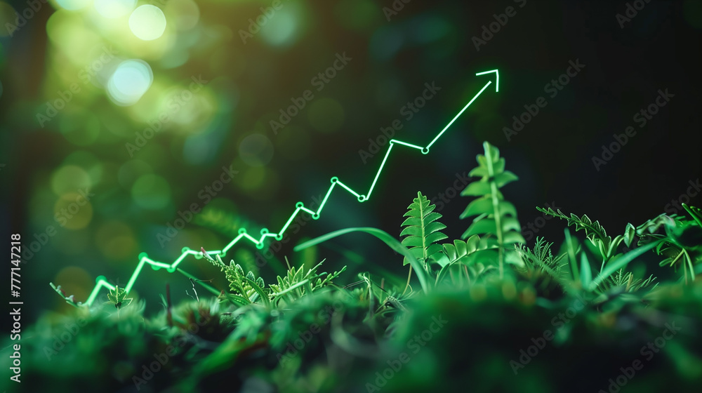 Economic Growth Concept with Nature and Graph . A glowing green graph ...