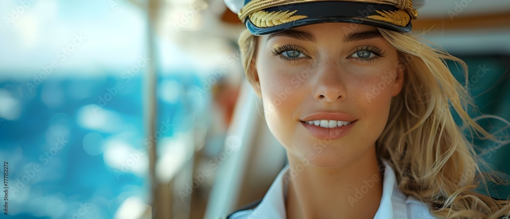 Blonde woman in cruise ship staff uniform working as boat service crew ...