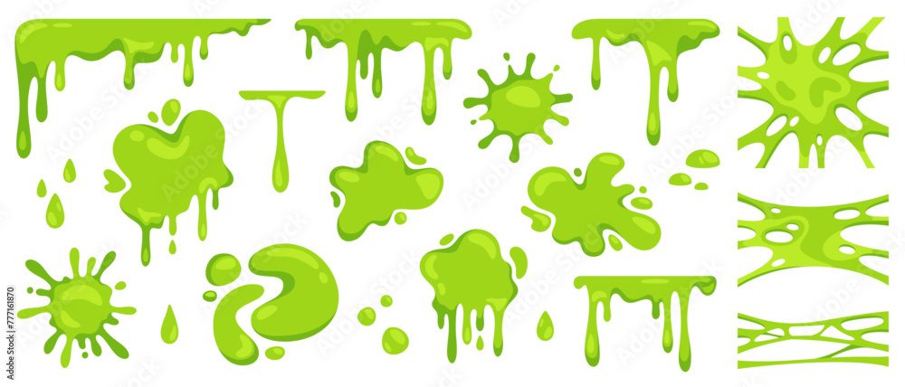 Vetor de Cartoon green slime. Dripping mucus sticky liquid, slimy blobs ...