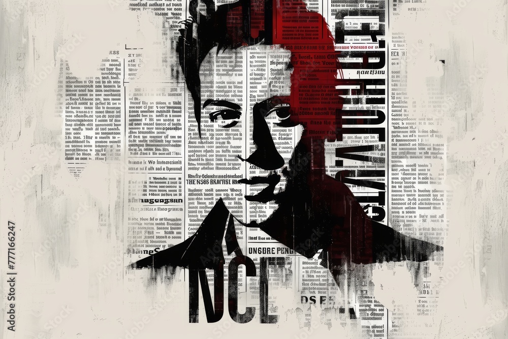 A striking collage portrait, pieced together from newspaper snippets ...