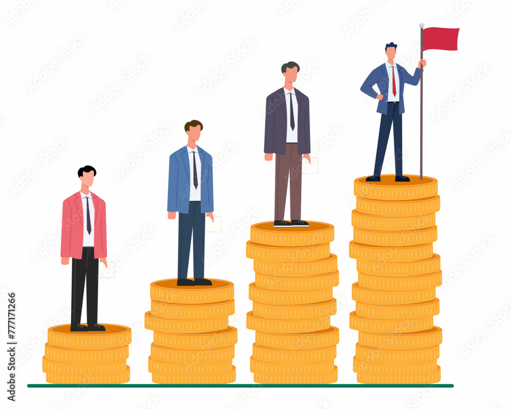 Company employees standing on money stack showing unequal payment ...