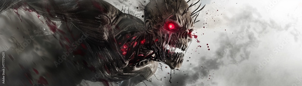 A terrifying zombie creature with piercing red eyes and spike-like ...