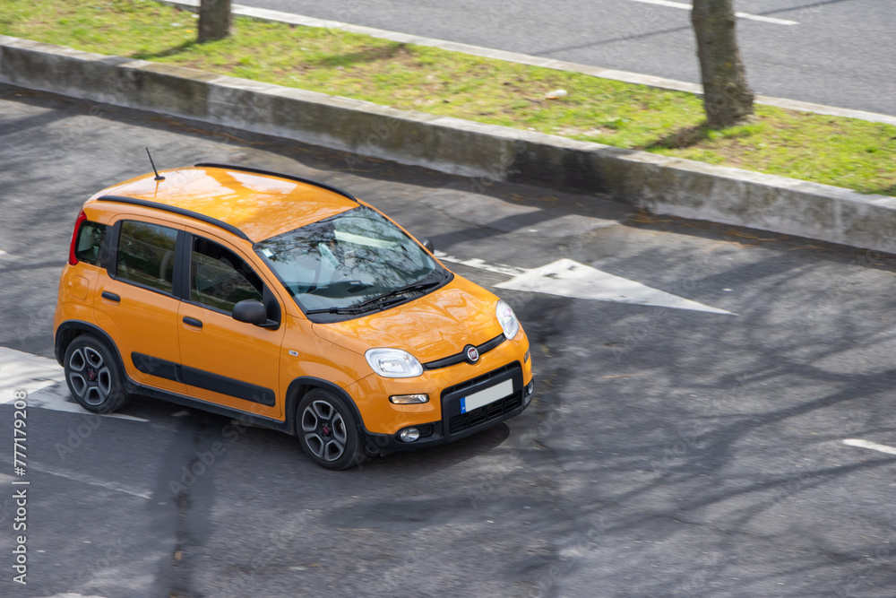 Aerial view, Fiat brand vehicle, Panda Hybrid model, Lisbon, Portugal ...