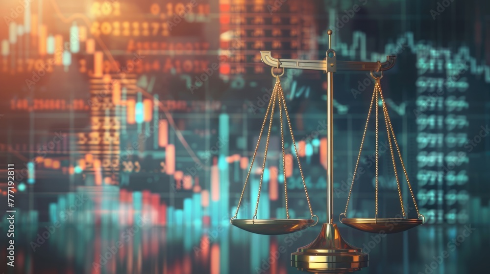 Law scales on blurred background of analytics data, statistics, graphs ...