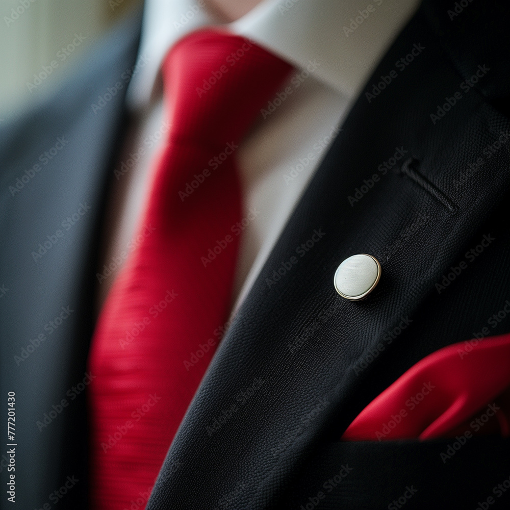Detailed view of a dark suit jacket lapel adorned with a simple white ...
