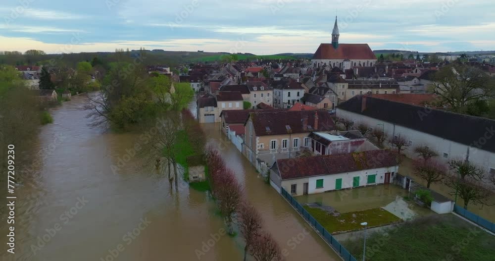 Natural disaster in Burgundy, France. Water flooded a city in the Yonne ...